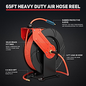 Air Hose Reel, 3/8 In X 65 ft Retractable Air Hose Reel, Double Arm & Auto Rewind Air Compressor Hose Reel Heavy Duty Air Tool Hose Reels with 6 ft Lead In Max 300PSI for Ceiling/Wall Mounts