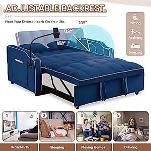 Sleeper Sofa Couch Bed with USB & Type C Port, Modern 3-in-1 Convertible Velvet Pull Out Loveseat Futon Sofa w/Phone Holder/Cup Holder for Living Room Apartment, Adjustable Backrest, Blue