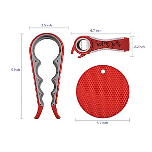 Manual Bottle Opener, Can Opener, Non Slip Jar Opener Gripper Pad 3 Piece Set,Jar Opener for Weak Hands is Definitely Essential Kitchen Tools for the Elderly/Women/Children.(Red)