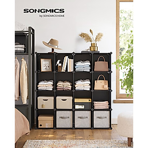 SONGMICS Cube Storage Organizer, Set of 16 Plastic Cubes, Book Shelf, Closet Organizers and Storage, Room Organization, Bedroom Living Room, 12.2 x 48.4 x 48.4 Inches, Black ULPC44BK