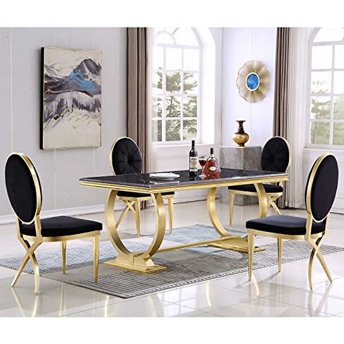 ACEDÉCOR Dining Chair Set of 4, Black Velvet Dining Room Chair with Round Back & Gold Unique Legs, Luxurious Dining Chair in Black and Gold
