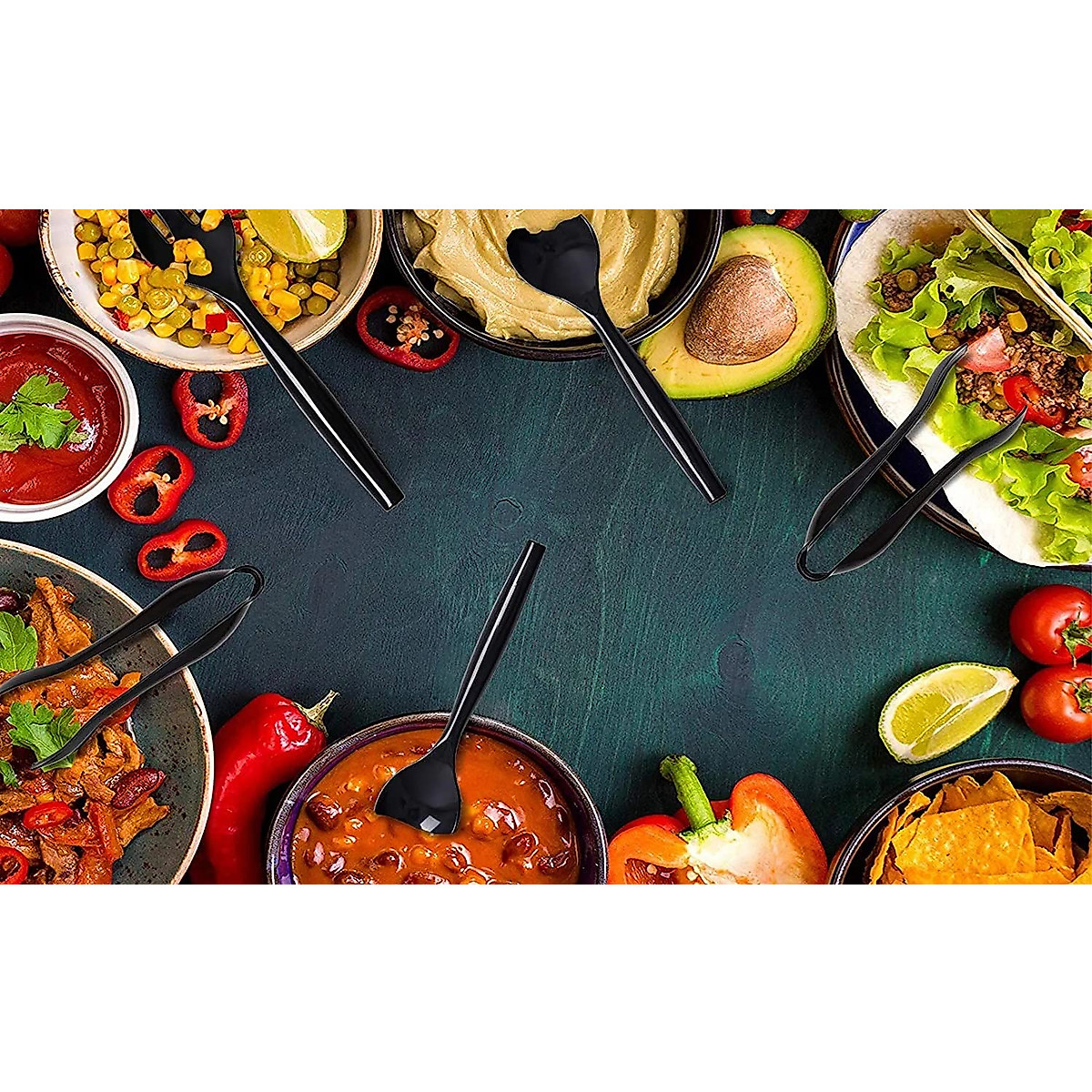 VeZee's Plastic Serving Utensils, Black Heavy Duty Disposable utensil | Set 10" Spoons 10" Forks 6" Tongs | 6 Each in One Set| 18 Pcs