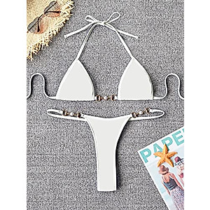 swimall Women's Triangle Thong Bikini Set Sexy Brazilian Two Piece Swimsuit Cute Bathing Suit - Solid White - Small