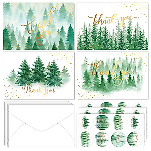 Whaline 32 Pack Christmas Forest Thank You Cards with Envelopes & Stickers Green Forest Xmas Thank You Cards Set Gold Foil Watercolor Holiday Greeting Cards for Wedding Baby Shower Birthday