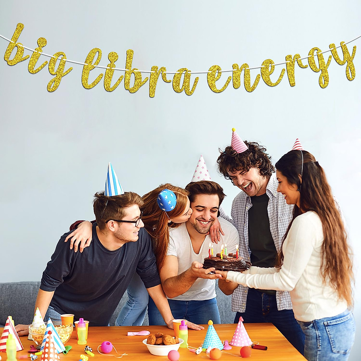 Big Libra Energy Banner, Happy Birthday Libra Bunting Sign, 12 Constellation Zodiac Theme Birthday Party Decorations Supplies for Boy and Girl, Gold Glitter