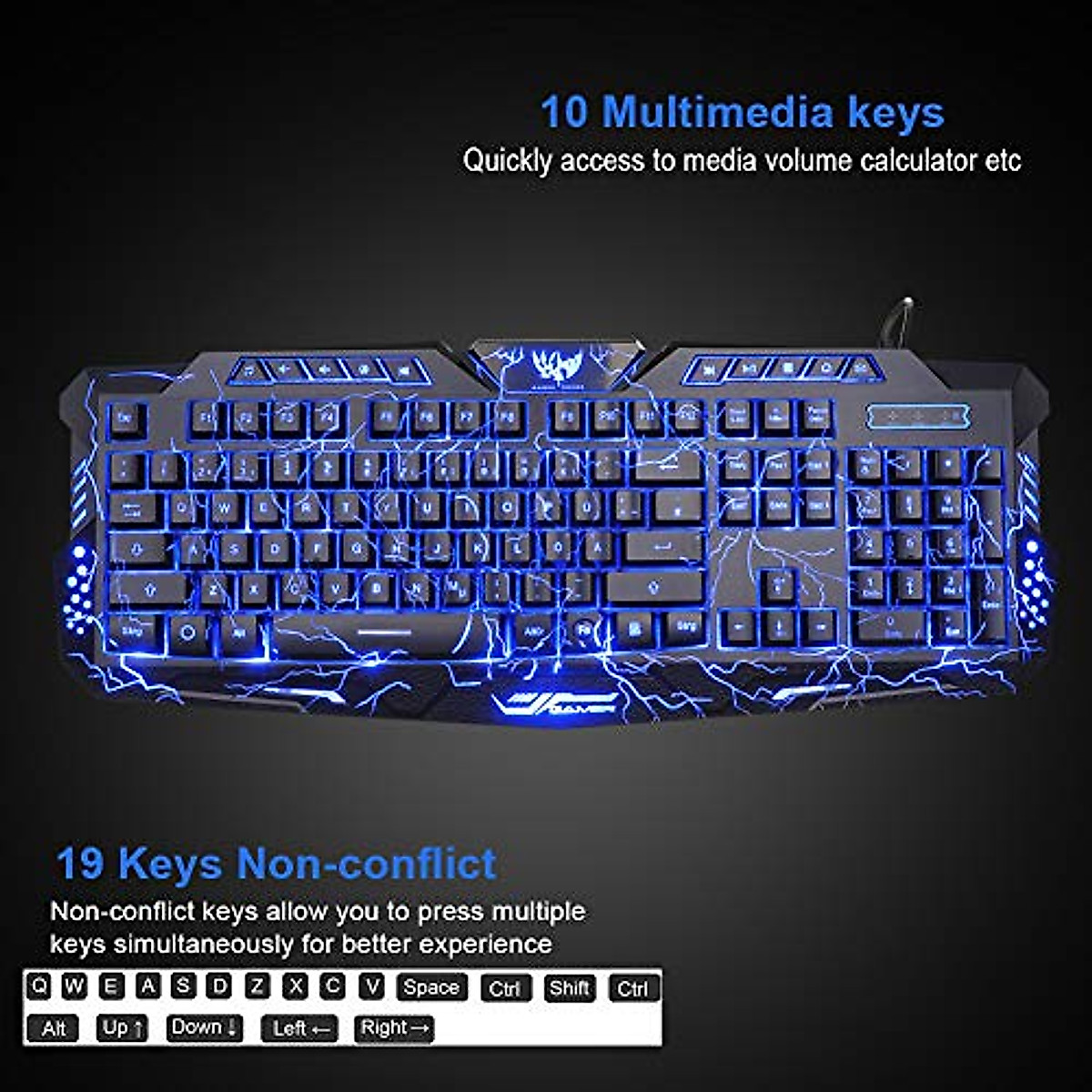 BlueFinger Gaming Keyboard and Mouse,USB Wired Backlit Gaming Mouse and Keyboard Combo,Letters Glow, 3 Color Crack Backlit,Illumination Keyboard and Mouse Set for Game and Work