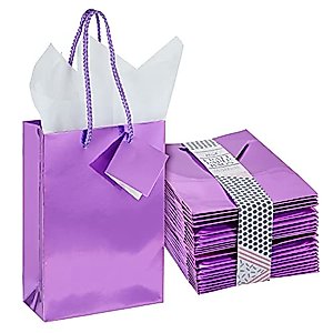 20 Pack Small Metallic Purple Gift Bags with Handles, White Tissue Paper and Tags for Small Business (8 x 5.5 x 2.5 In)