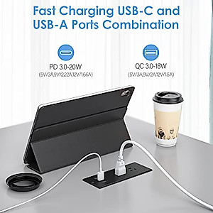 Conference Recessed Power Strip Waterproof, with PD 20W USB C Fast Charging Port,2 Outlets,Furniture Recessed Power Outlet,Desk Power Strip Surge Protector,Drawer Outlet,Flat Plug,6ft Cable (Black)