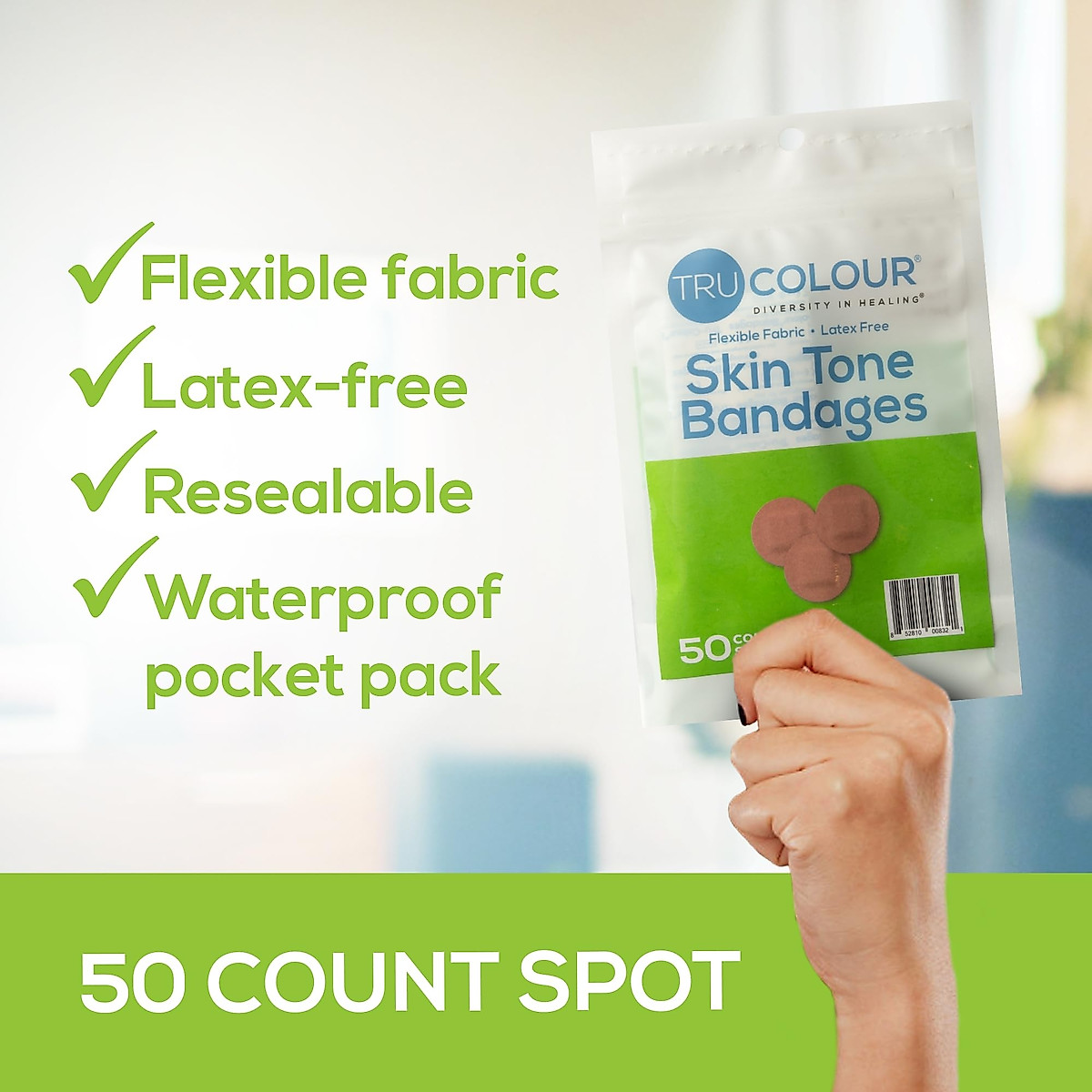 Tru Colour - Spot Bandages, Flexible Fabric Adhesive Bandages, Olive Skin Tone Shade, Green Bag, 50 Count