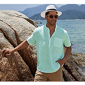 COOFANDY Mens Cotton Linen Henley Hippie Casual Beach T Shirt with Pocket, Green, Large, Short Sleeve
