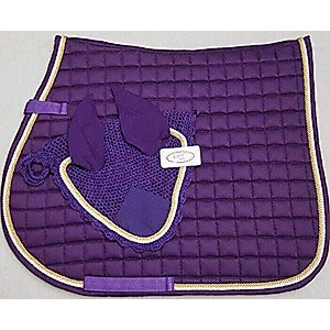 Horse English Saddle PAD with Matching Fly Bonnet with Ear NETS Breathable Cotton Handmade Full Size Stretchable Ears (Purple, Full)