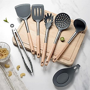 Silicone Cooking Utensils Set, 8pcs Cooking Nonstick Cookware With Wooden Handles and Holder for New Apartment Decor Gadget & Kitchen Tool Gift Sets (Grey)