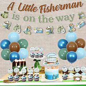 kreat4joy Fishing Baby Shower Decorations for Boy, Gone Fishing Baby Shower Decorations, A Little Fisherman Is on the Way Banner Cake Cupcake Toppers Blue Green Brown Balloons for Fish Baby Shower
