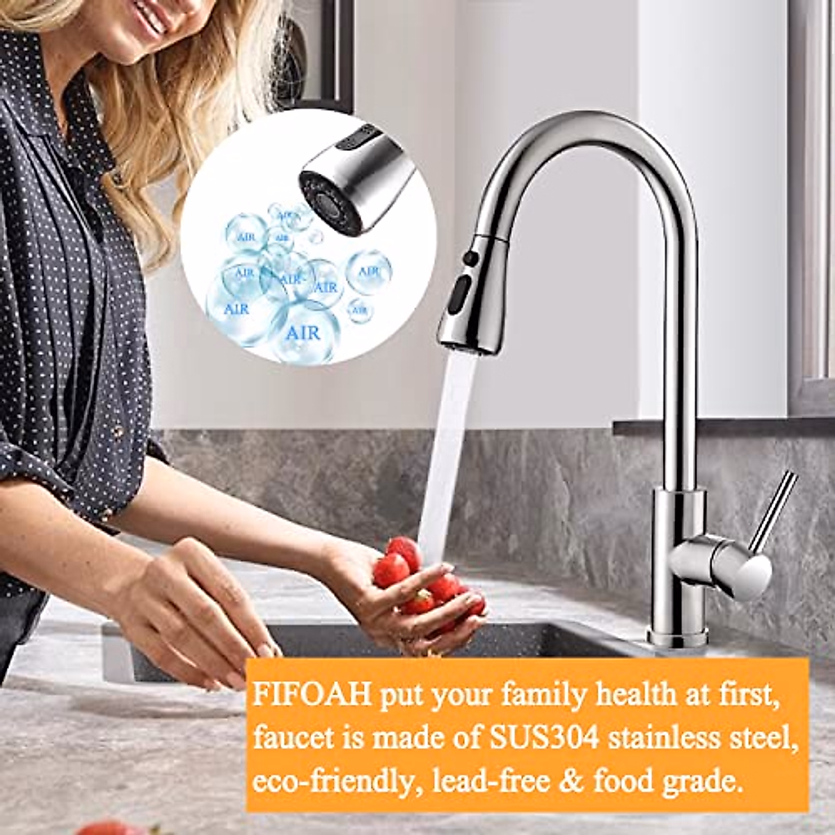 FIFOAH Kitchen Sink Faucets with Pull Down Sprayer, Stainless Steel Brushed Nickel Kitchen Faucets, Single Handle Faucet with Pullout Sprayer, Modern Kitchen Faucet for RV Bar Farmhouse Sink