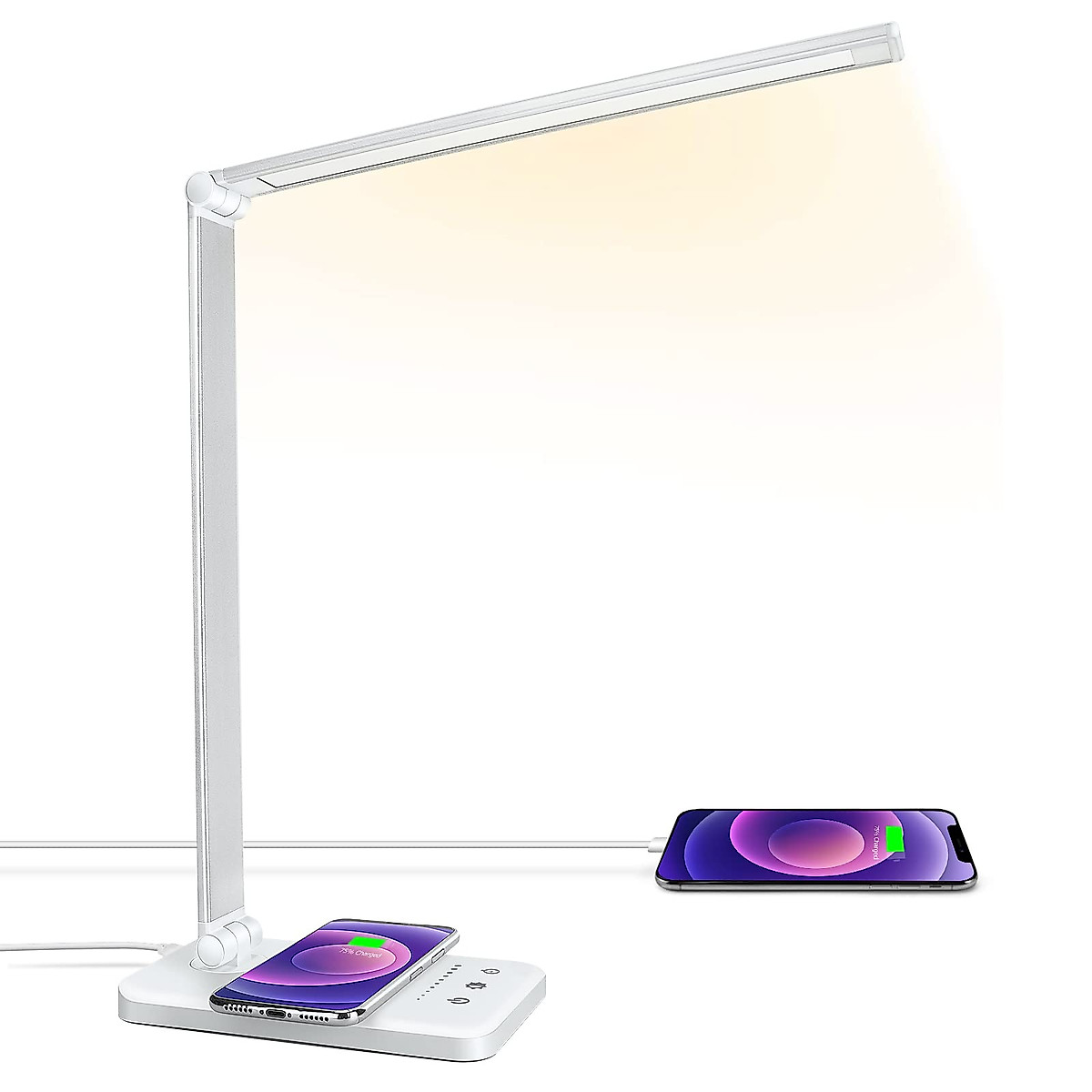 JOSTIC LED Desk Lamp with Wireless Charger, USB Charging Port, Desk Light with 10 Brightness, 5 Color Modes, Dimmable Eye Caring Reading Desk Lamps for Home Office, Touch Control, Auto Timer, White