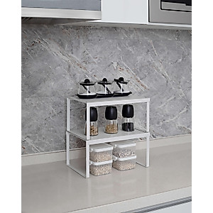 Nxconsu 2Pack Cabinet Shelf Expandable Stackable Organizer Riser for Kitchen Cabinet Pantry Cupboard Under Sink Countertop Organization Accessories Storage Space Saver Multi-Function Metal White