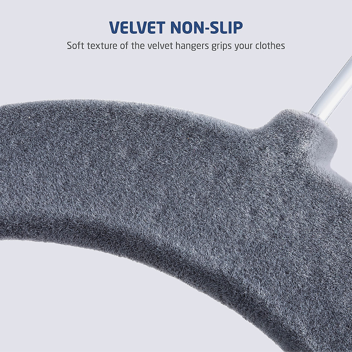 Zober Velvet Hangers with Clips - Pack of 20 Metal Clip Hangers for Pants - Notched Gray Velvet Skirt Hangers for Pants, Skirts, Suits, Dresses & Shirts w/ 360 Degree Hook - Non Slip Felt Hangers