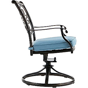 Hanover 7-Piece Traditions 60" Round Cast-Top Table and 6 Swivel Rockers with Blue Cushions, Patio Dining Set for 6, Premium Weather Resistant Outdoor Furniture