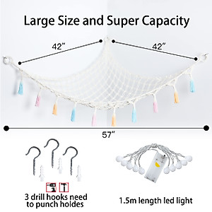 Stuffed Animal Net or Hammock with Light,Yewiwin Macrame Hanging Net Hammock for Stuffed Animal Toy Storage Organizer Boho Decor Room Holder for Nursery Play Room Bedroom (Beige)
