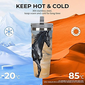 WITHSBKK 30oz Car Cup Black Arabian Horse Printed with Portable, Stainless Steel Travel Mug, Vacuum Insulated Tumbler And Straw, Leakproof for Car & Outdoor, UV Printed Design