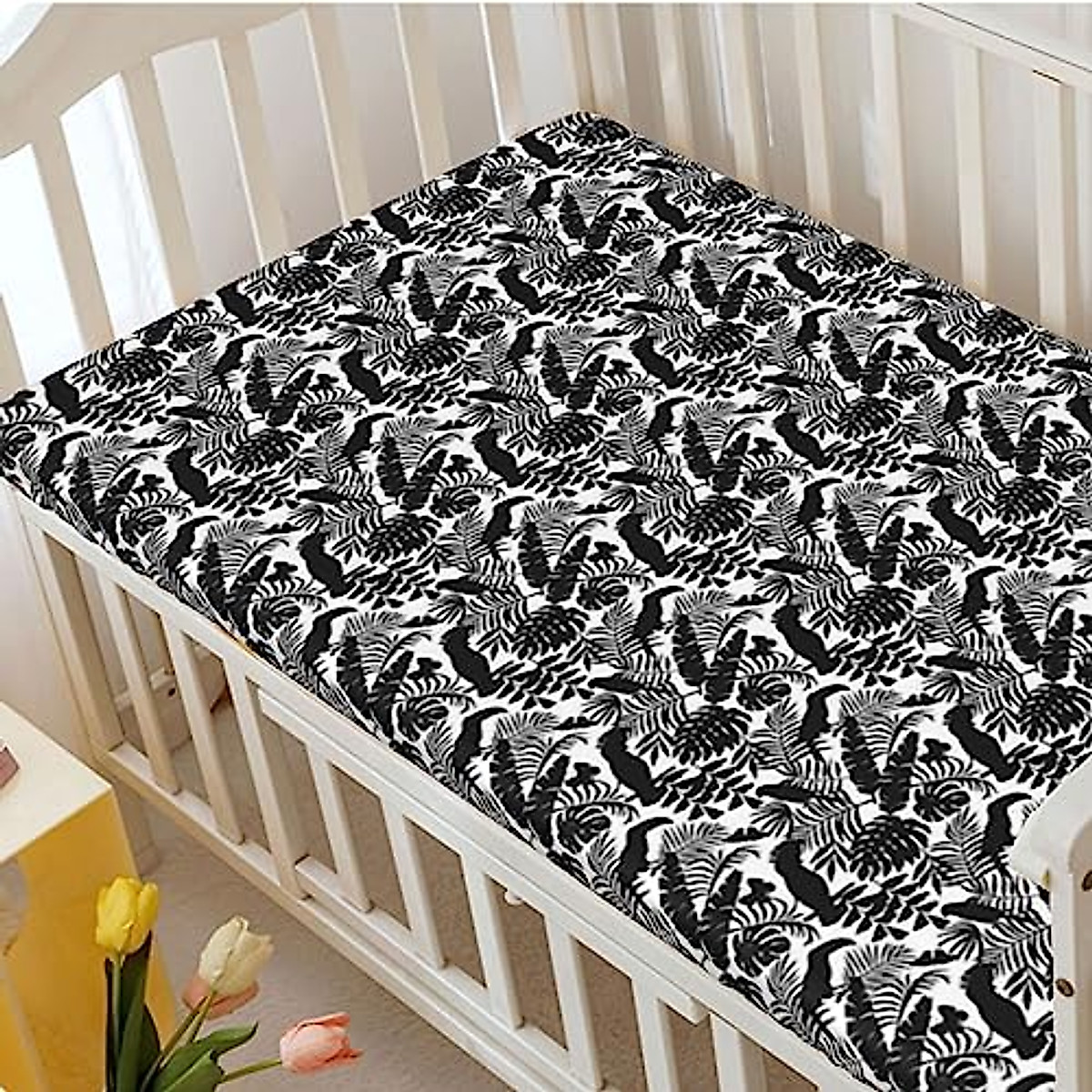 Exotic Themed Fitted Crib Sheet,Standard Crib Mattress Fitted Sheet Toddler Bed Mattress Sheets - Baby Crib Sheets for Girl or Boy,28“ x52“,Charcoal Grey White