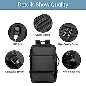 DAILY&DIARY Travel backpack, Carry On Backpack for Men Women 40L Traveling Backpack Flight Airline Approved 15.6 Inch Waterproof Laptop Backpack with USB Charging Port, Black