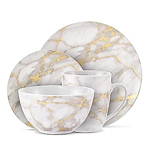 Safdie & Co. - Gold Marble Plates and Bowls Sets, Modern Dinnerware Set, Kitchen Dinnerware Sets, Indoor and Outdoor Plates, 16-Piece Kitchen Plates and Bowls Set with Mugs, Dishwasher Safe