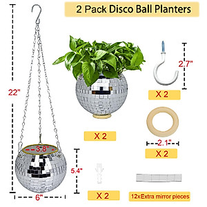 Tialero 2Pcs Disco Ball Planter, 6"/8" Disco Planter with Hanging Chain & Hook & Ring Stand, Disco Ball Plant Hangers for Indoor and Outdoor Plants, Hanging Plant Holder (2Pcs 6", Silver)