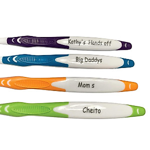 Precious Gift Company Personalized Toothbrushes, 4 Pack Adults, Engraved, Laser Engraved, Any Name or Message up to 25 Characters, Medium Firmness, Light Blue, Dark Blue, Orange, Green, Purple, Red