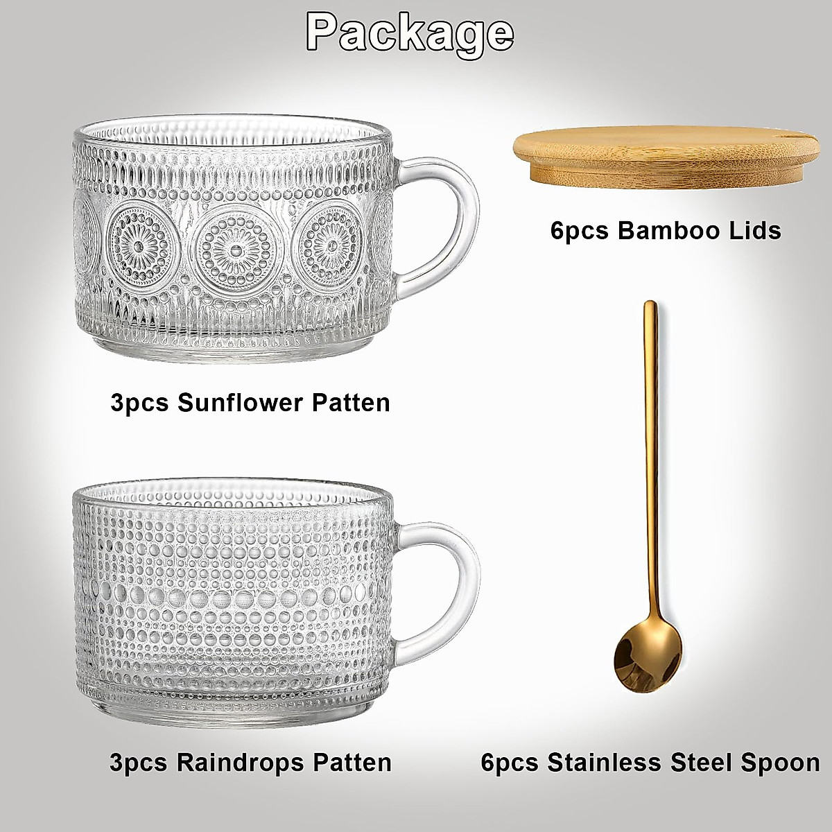 6 Set 14oz Vintage Glass Coffee Mugs with Bamboo Lids and Spoon Clear Embossed Glassware with Handle Glass Coffee Tea Cups for Cappuccino Latte Cereal Yogurt Beverage (6PCS(3*sunflower 3*raindrops))