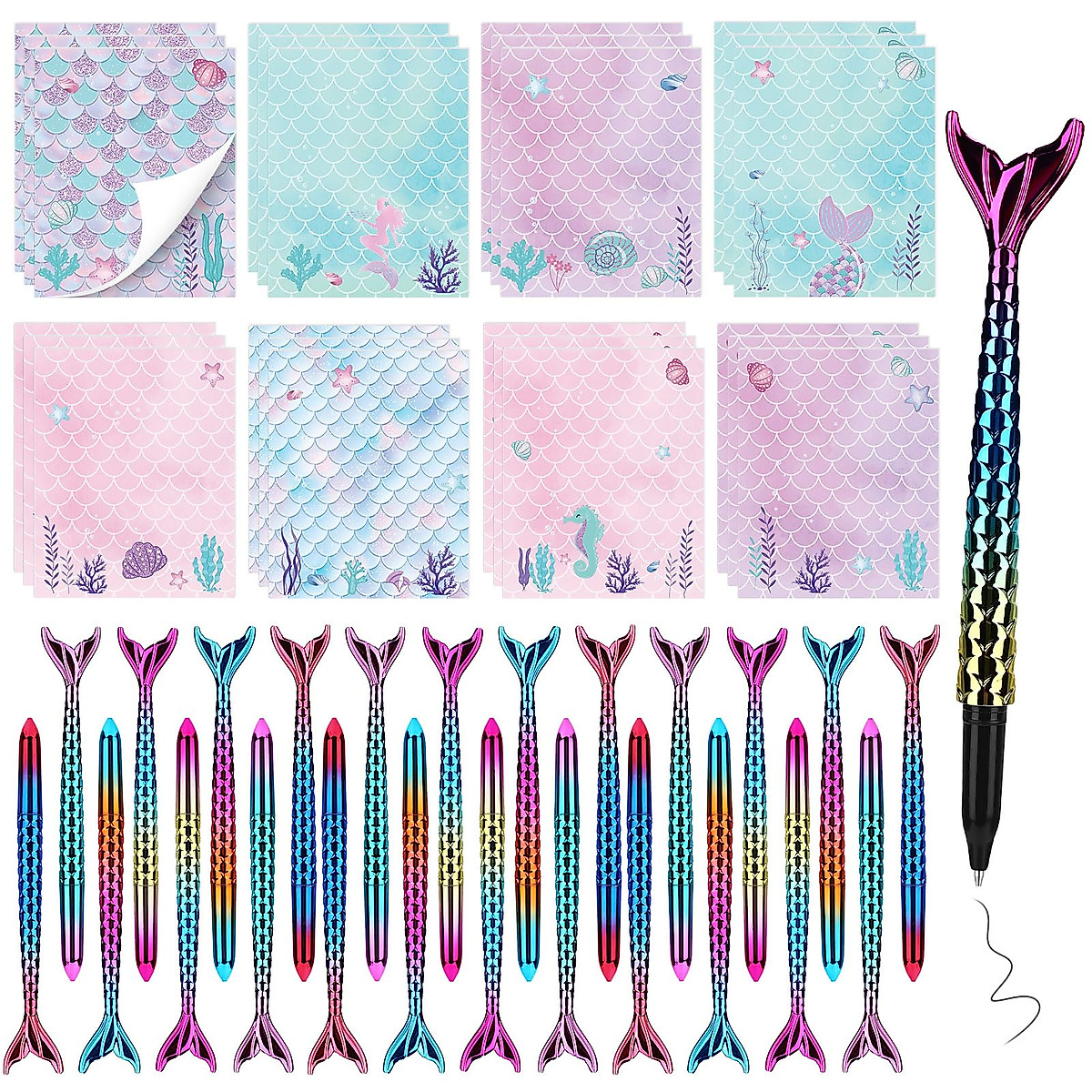 Ireer 48 Pcs Mermaid Pens and Mermaid Note Pads Set Mermaid Party Favors Mermaid School Supplies Cute Sticky Note Pads with Gel Ink Pen for Girls Birthday Gift Decorations School Classroom Awards