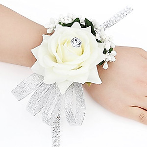 FAYBOX Wedding Prom Velvet Rose Rhinestone Corsage and Boutonniere Set With Silvery Ribbon Stretch Bracelet (Ivory*2)