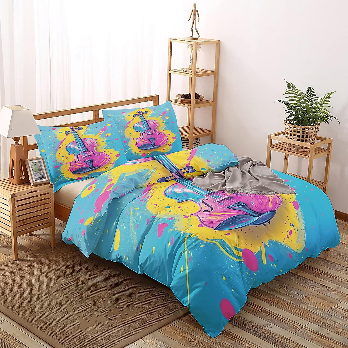 PolXmyxor Graffiti Violin Duvet Cover Full, Soft Microfiber 3 Pieces, Music Themed Bedding Set with Zipper, Bedding for All Seasons, Classic Music Comforter Cover with 2 Pillow Shams, 80"x90"