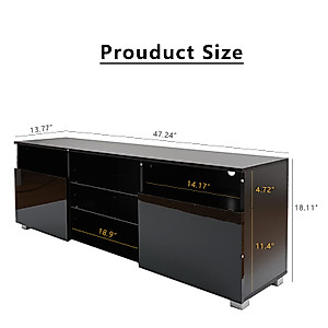 LED TV Stand for 50/55 inch TV, Television Table Center Media Console with Drawer and Led Lights, High Glossy Modern Entertainment Center for Living Game Room Bedroom, Black