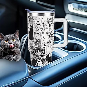 Mindunm 40 oz Cute Cat Tumbler with Handle and Straw Lid cat gifts for cat lovers for Women Double Insulated Cup Travel Coffee Mug