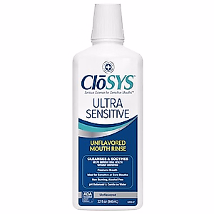 CloSYS Ultra Sensitive Mouthwash, Unflavored Alcohol Free, Dye Free, pH Balanced, Helps Soothe Entire Mouth – 32 Oz
