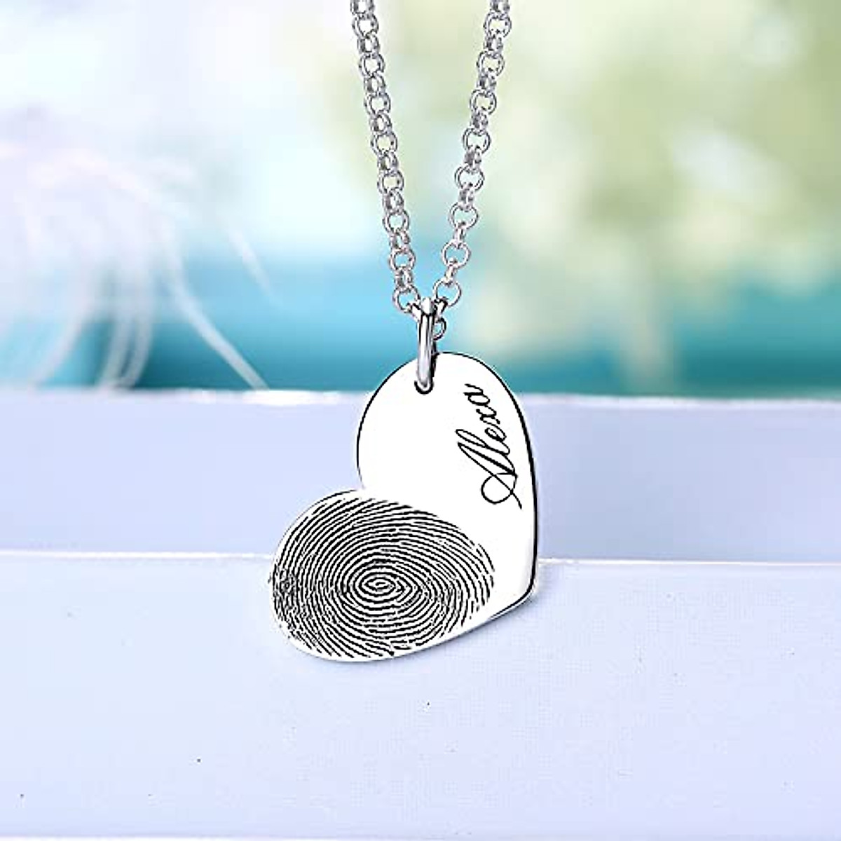 AILIN Custom Heart Fingerprint Necklace Sterling Silver 925 Personalized Father Baby Fingerprint Name Pendant Mother Day Memorial Jewelry Family Anniversary Birthday Gifts For Women Grandmother