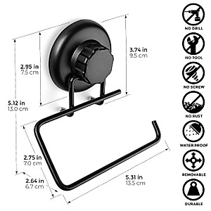 HASKO accessories - Powerful Vacuum Suction Cup Toilet Paper Holder – Wall Mount No Drilling Bathroom Stainless Steel Tissue Roll Dispenser – Adhesive 3M Stick Disc Included (Black)