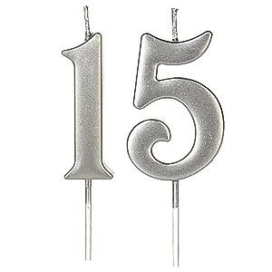 Silver 15th Birthday Candles for Cake, Number 15 1 5 Glitter Candle Party Anniversary Cakes Decoration for Kids Women or Men