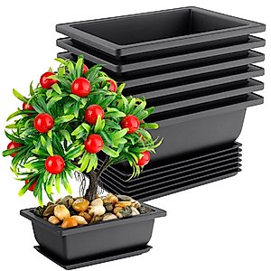Bonsai Pot 6.5 Inches, 6 Packs Rectangle Bonzai Training Pots with Drainage Trays, Plastic Flower Pot Humidity Trays, Square Potted Planter Pot for Living Room, Office, Yard, Garden, Indoor, Balcony