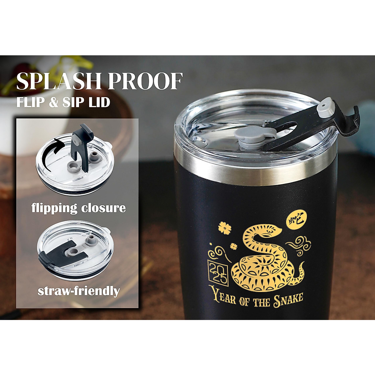 Onebttl Chinese New Year 2025 Gifts - Year of The Snake - Decorations for Lunar New Year - 20oz/590ml Double Wall Vacuum Insulated Stainless Steel Tumbler - with Lid and Straw - Black