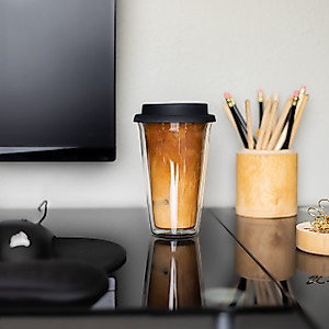 Birchland Double Wall Glass Tumbler, Insulated Glass Coffee Cups, Reusable Coffee Cups with Lids, Travel Coffee Mugs, 12oz. Set of 2