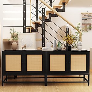 AWQM Buffet Cabinet with Storage, Set of 2, Rattan Buffet Cabinet with 2 Doors, Adjustable Shelves and Sturdy Metal Frame, Modern Accent Sideboard Cabinet for Kitchen, Dining Room, Living Room - Black