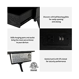glitzhome 43.25" L Modern Industrial Home Office Desk with 1 Outlets and 2 USB Charging Ports, Wood/Metal Writing Desk PC Table Computer Desk, Black Oak