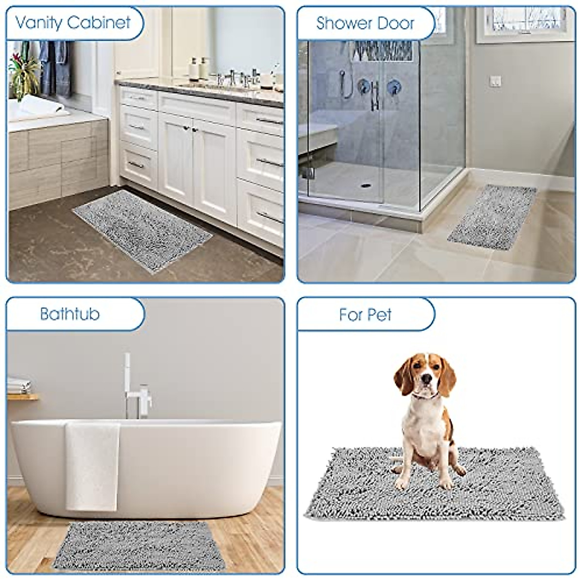 EGYPHY Bathroom Rugs Chenille Bath Mat Extra Soft and Absorbent Bath Rugs Non-Slip Shaggy Mats for Shower, Bathtub, Kitchen, Machine Washable Rug Pad Plush Microfiber Carpet 17x24 Inches Gray