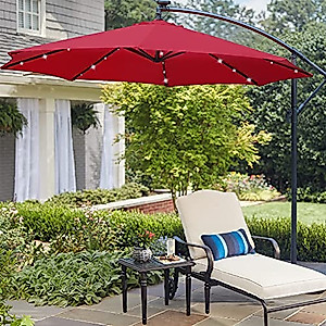 Blissun 10ft Offset Umbrella with 36 Solar LED Lights, Hanging Lighted Patio Umbrella with 360 Rotation, Outdoor Cantilever Umbrella (Red)