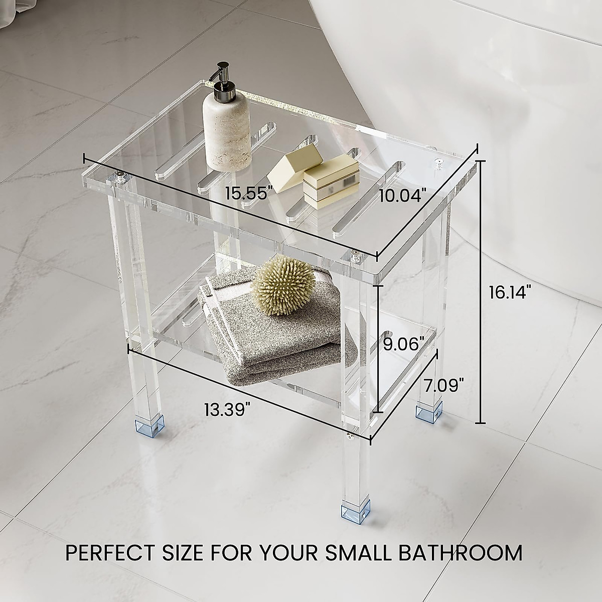 GOIOOIA Acrylic Shower Bench for Inside Shower 10.04" D X 15.55" W X 16.14" H, Heavy Duty (Hold Up to 300lbs) Bathroom Shower Stool with Storage Shelf, for Shaving Legs & Spa, Waterproof Non-Slip