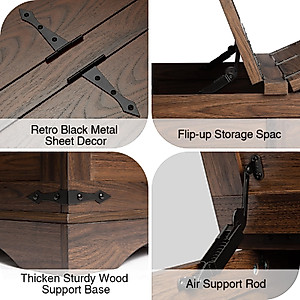 Wnutrees Farmhouse Coffee Table with Hinged Lift Top and Large Hidden Storage Compartment, Rustic Square Wood Central Table for Living Room, Bedroom, Home Office,Walnut