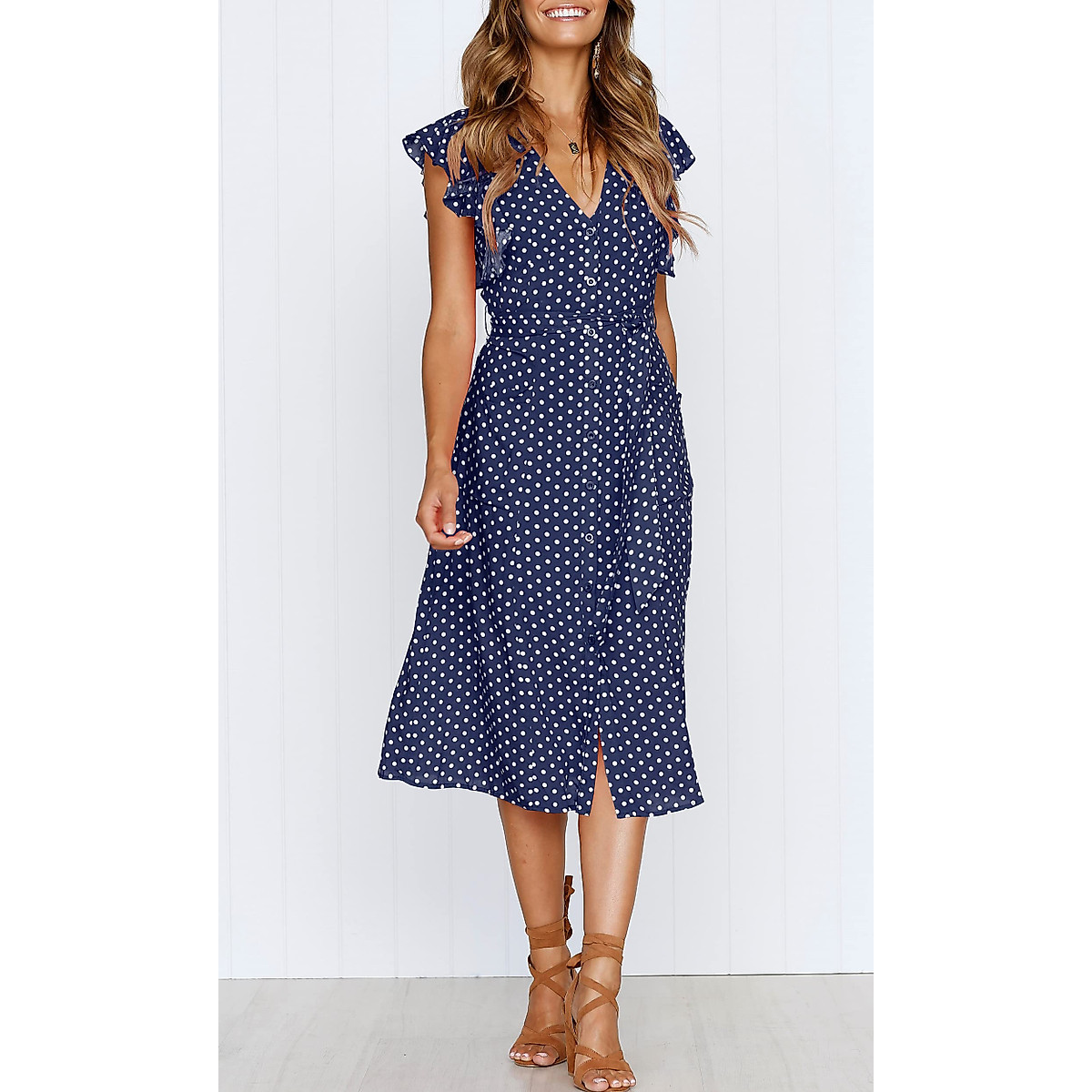 MITILLY Women's Boho Polka Dot Flutter Short Sleeve V Neck Button Down Swing Midi Dress with Pockets Small Dark Blue