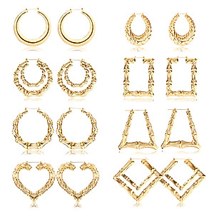 sailimue 8 Pairs Bamboo Earrings for Women Large Different Shape Bamboo Hoop Earrings Set Chunky Silver Gold Big Hoop Earring Hip-Pop Style Fashion Custom Jewelry Party Accessory